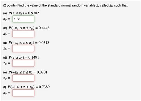 solved 2 points find the value of the standard normal random