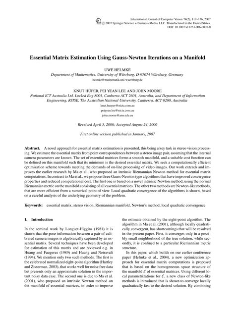 Pdf Essential Matrix Estimation Using Gauss Newton Iterations On A Manifold