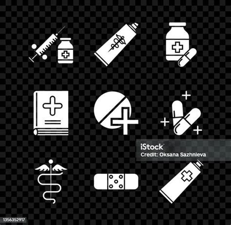 바늘과 유리병 또는 앰플 연고 크림 튜브 약 의학 병 알약 Caduceus 뱀 의료 기호 붕대 석고 책 및 태블릿 아이콘으로 의료 주사기를 설정합니다 벡터 알약에 대한 스톡