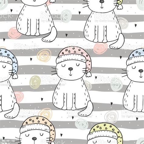 귀여운 고양이 함께 그려진된 완벽 한 패턴을 손 아이 벡터 인쇄에 대 한 그림 낙서 귀여운에 대한 스톡 벡터 아트 및 기타