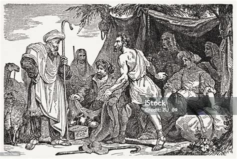 야곱이 라반에게서 도망하다 목판화 1835년 출판 가족에 대한 스톡 벡터 아트 및 기타 이미지 가족 구약 기독교 Istock