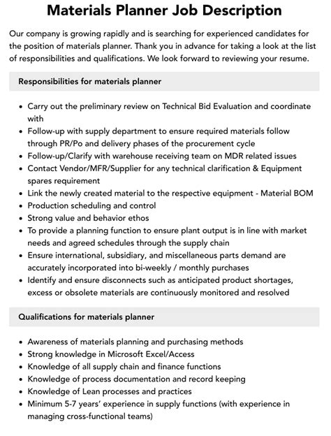 Materials Planner Job Description Velvet Jobs