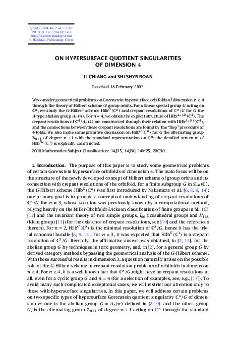 Pdf © Hindawi Publishing Corp On Hypersurface Quotient Singularities Of Dimension 4 Li