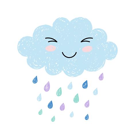Cute Happy Cartoon Kawaii Cloud On Blue Background With Rain Drops