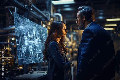 Male And Female Industrial Engineers Look At Project Blueprints In