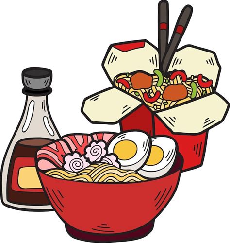 손으로 그린 국수와 인스턴트 국수 중국과 일본 음식 그림 프리미엄 벡터