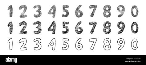 doodle number set numeric outline comic figure 1 to 0 hand drawn