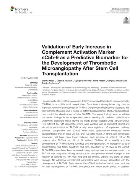 Pdf Validation Of Early Increase In Complement Activation Marker Sc5b
