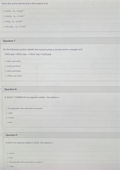 Solved Select The Acid On The List That Is The Weakest Acid Chegg