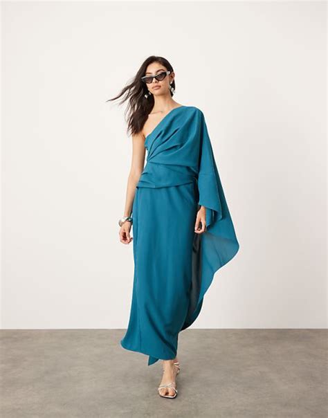 Asos Edition Vestito Midi Drappeggiato Verde Azzurro Monospalla Asos