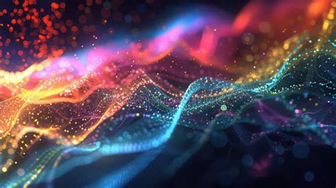 Vibrant Abstract Digital Waves In Multicolored Light Patterns At Night Quantum Computers Stock
