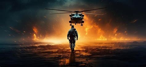 Premium Ai Image A Soldier Is Walking Toward A Large Flame From An Exploding Helicopter In The