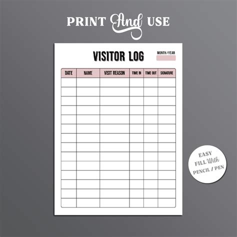 Visitor Log Printable Visitor Log Sheet Visitor Tracker Template