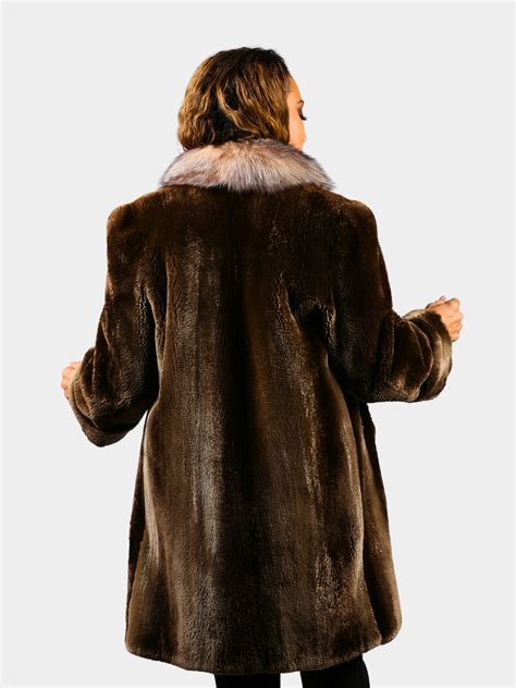 Womans Phantom Sheared Beaver Fur 34 Coat With Crystal Fox Trim