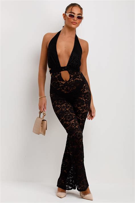 Lace Jumpsuit With Plunge Neck And Skinny Flared Legs Black Styledup