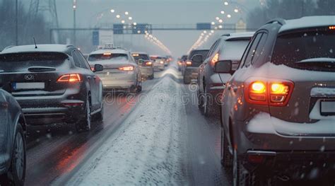 Modern Cars Are Stuck In A Traffic Jam On A Highway In Winter Stock