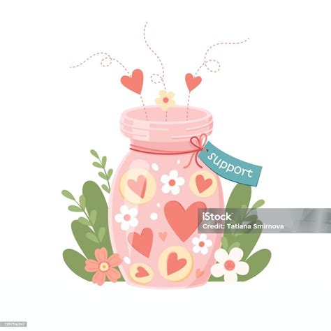 지원 및 자선 개념 내부에 하트가있는 유리 항아리 다른 사람들을 돕고 기부하고 자원 봉사하는 사람들 플랫 만화 스타일의 귀여운 벡터 일러스트 레이 션 Charitable