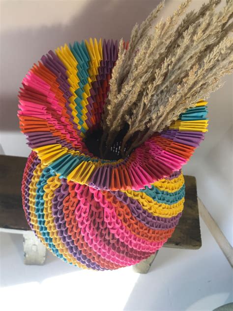 Origami Handmade Paper Vibrant Neon Rainbow Vase Etsy
