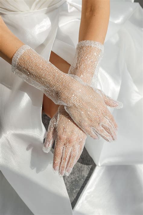 Handmade Glitter Mesh Bridal Gloves Mid Length Etsy