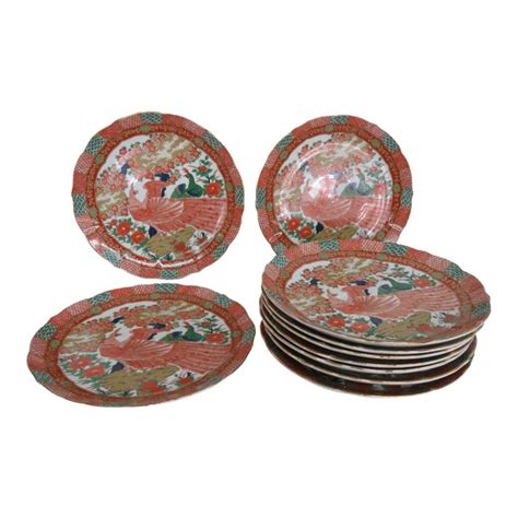 Vintage Arita Red Imari Peacock Japanese Porcelain Dinner Plates Chairish
