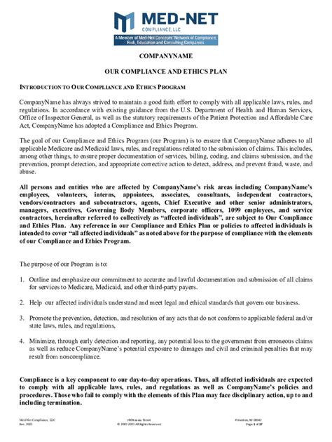 Fillable Online Compliance And Ethics Plan 2023 Ensuring Legal And
