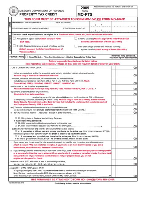 Form Mo Pts Property Tax Credit 2009 Printable Pdf Download