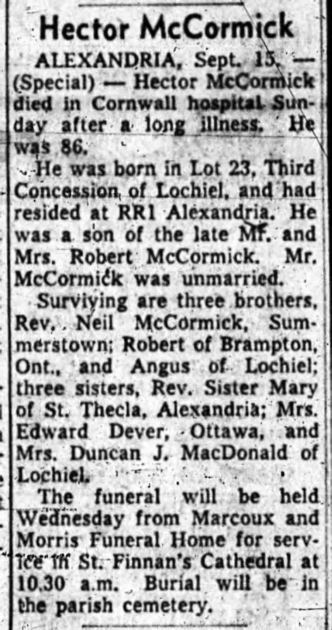 Obituary Hector Mccormick 1958 ™
