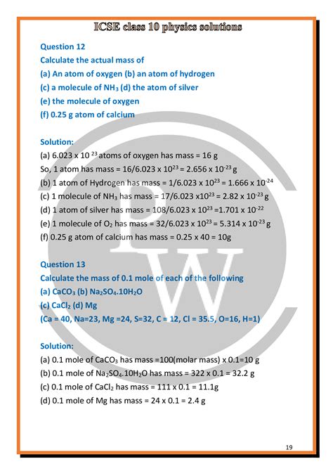ICSE Class Chemistry Solutions For Chapter Mole Concept PW
