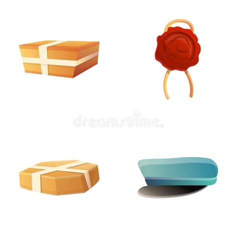 Parcel Delivery Icons Set Cartoon Postal Parcel And Red Wax Seal