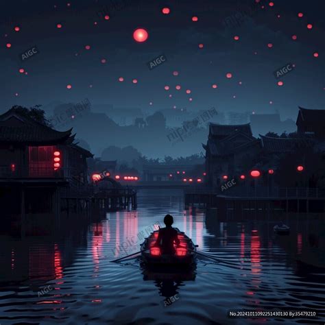 ai创作图山水画江南水乡红灯笼 灯会划船 小船游玩放灯 插画江南 河道小舟夜景 江南意境插画 曙光水镇 小姑娘放河灯 中国风夜景 西塘插画西塘