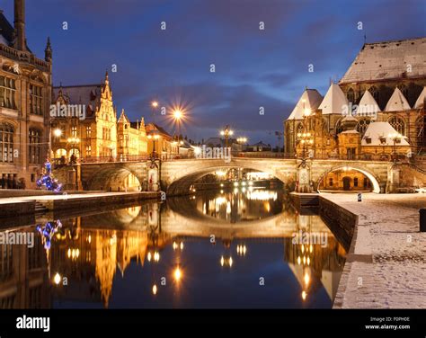 Saint Michaels Bridge Michielsbrug At Night In Ghent Belgium Stock