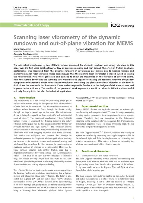 Pdf Scanning Laser Vibrometry Of The Dynamic Rundown And Out Of Plane Vibration For Mems