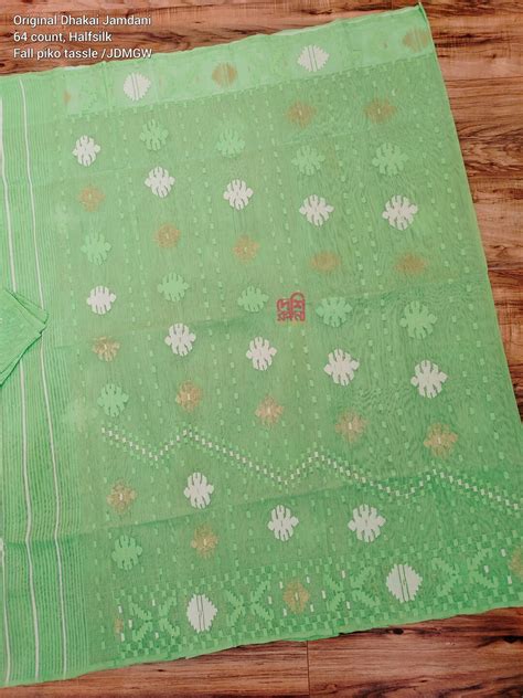 Original Dhakai Jamdani Saree Warm Mint Color White Thread And Golden