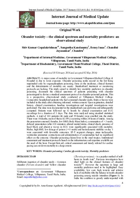 Pdf Oleander Toxicity The Clinical Spectrum And Mortality