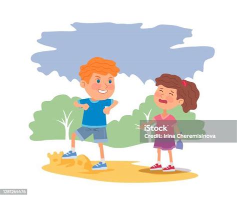 장난 꾸러기 소년은 모래 성을 깨고 어린 소녀는 울고 동생은 여동생을 놀리고 있습니다 좋은 또는 나쁜 아이 행동 장면 어린이 충돌 부정적인 감정 어린 시절의 벡터 문자 그림