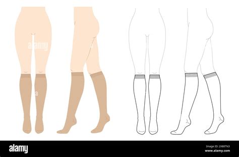 Knee High Socks Set On Women Legs Natural Beige And Line Style