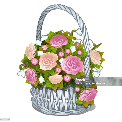 빈티지 바구니 꽃 흰색 배경에 고립 의입니다 벡터만화 일러스트 레이 션 가득 찬에 대한 스톡 벡터 아트 및 기타 이미지 가득 찬 고리 세공 공예 Istock