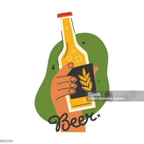 손에는 맥주 한 병이 들어 있습니다 옥토버 페스트 축제 배너 또는 포스터 친구들과 맥주를 마시세요 스티커 휴일을위한 알콜 성