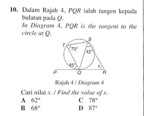 Solved 10 Dalam Rajah 4 Pqr Ialah Tangen Kepada Bulatan Pada Q In