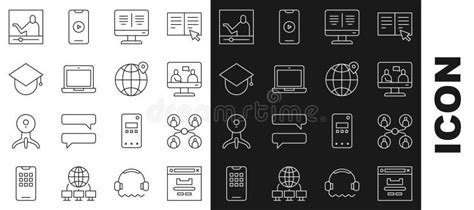 Set Line Browser Window Online Class Education Book Monitor Laptop