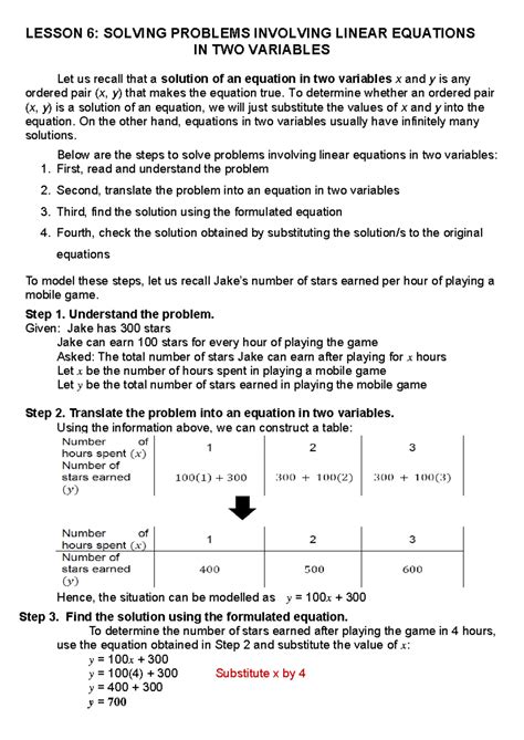 Solving Problems Involving Linear Lesson 6 Solving Problems