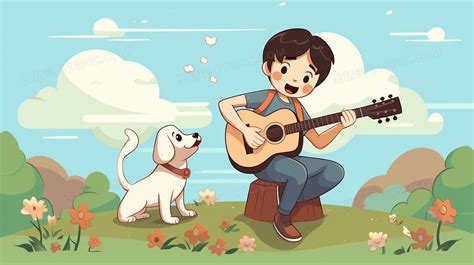男孩在草地弹吉他插画背景图片下载 2912x1632像素JPG格式 编号vgmfq39yv 图精灵