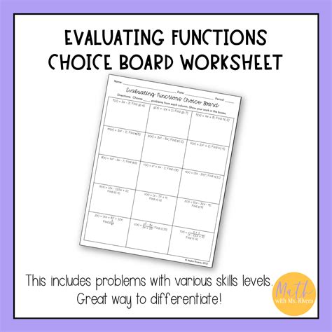 Evaluating Functions In Function Notation Worksheet Choice Board For