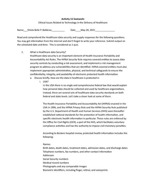 Activity 11 Seatwork Healthcare Data Security Activity 11 Seatwork Ethical Issues Related To