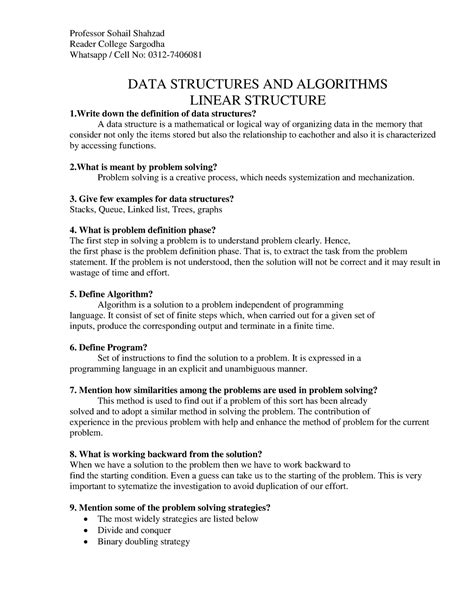 Short Questions And Answer Data Structure And Algorithm Reader College Sargodha Whatsapp Cell