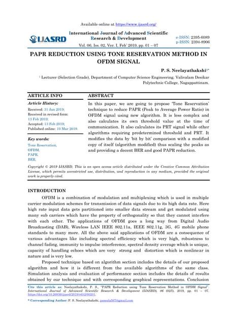 papr reduction using tone reservation method in ofdm signal pdf