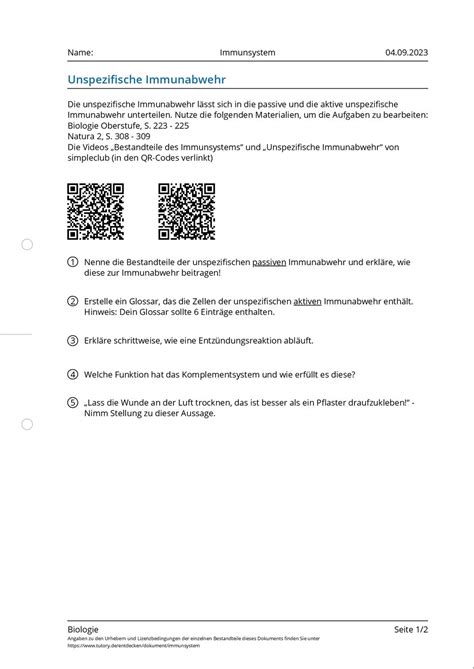 Arbeitsblatt Immunsystem Biologie Tutoryde