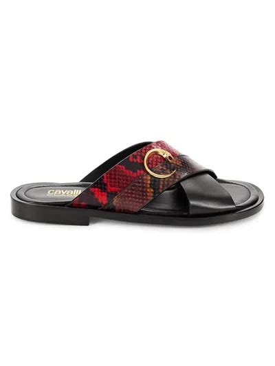 Cavalli Class Mens Python Embossed Leather Crossover Sandals In Red