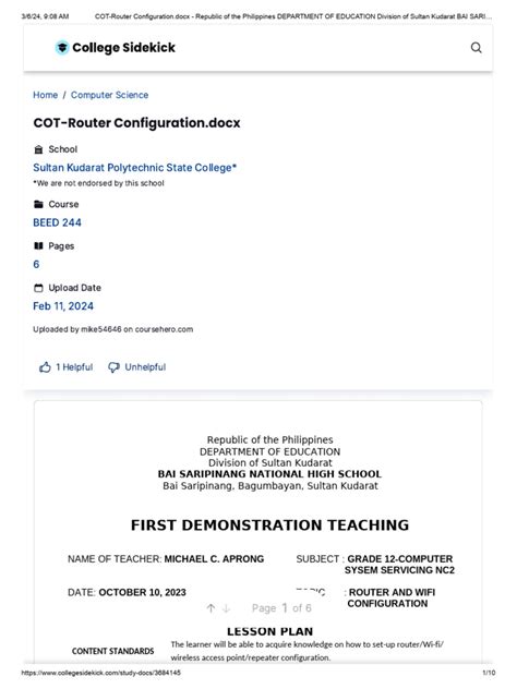 Cot Router Configuration Docx Republic Of The Philippines