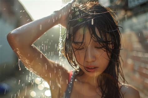 Premium Photo A Young Woman Standing Under A Shower Of Water Suitable